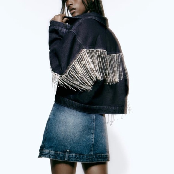 Zara | Jackets & Coats | Zara Jewel Trim Fringed Denim Jacket | Poshmark